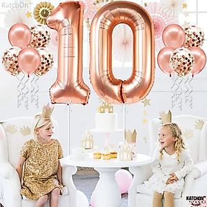 KatchOn, Giant Rose Gold 10 Balloon Number - 40 Inch, Pack of 12 | Rose Gold 10 Balloon with Confetti Balloons | Rose Gold 10th Birthday Decorations for Girls | Happy 10th Birthday Balloons for Girls