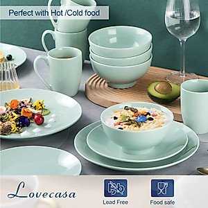 LOVECASA Dinnerware Sets for 4, 16-Piece Green Dishes Set, Porcelain Plates and Bowls Sets with Dinner Plates, Dessert Plates, Bowls and Mugs, Microwave Dishwasher Safe, Light Green
