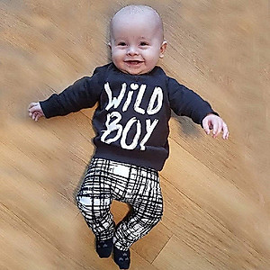 Newborn Baby Boys Clothes Wild Boy Letter Print T-Shirt Tops and Pants Outfits Set Autumn Winter(01 black,12-18 months)
