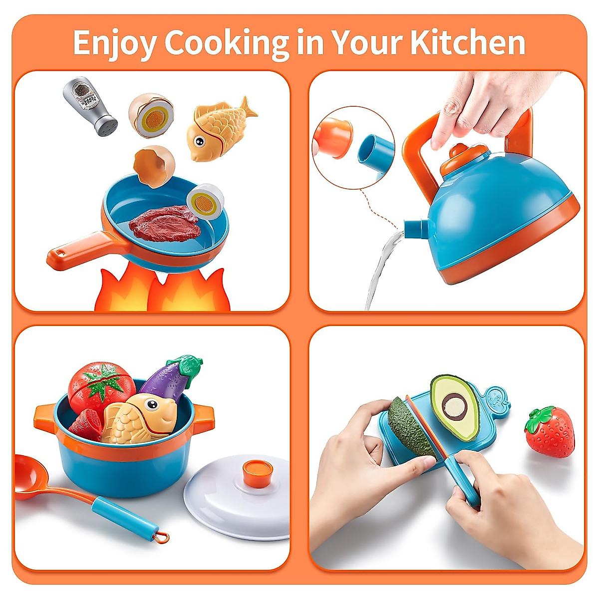 Laugigle Play Kitchen Accessories - 46Pc Kids Kitchen Playset with Kids Pots and Pans Playset, Pizza Toy, Play Food with Play Fruit Veggies, Kitchen Toys, Cooking Utensils Toy, Apron, Boys Girls Gift