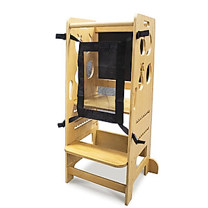 Wooden Brown 1-3 Toddler Tower Kitchen Helper,Height Adjustable Learning Standing Tower with Black and White Activity Board & Safety Net Perfect for Kitchen, Bathroom and Bedroom Children Step Stool