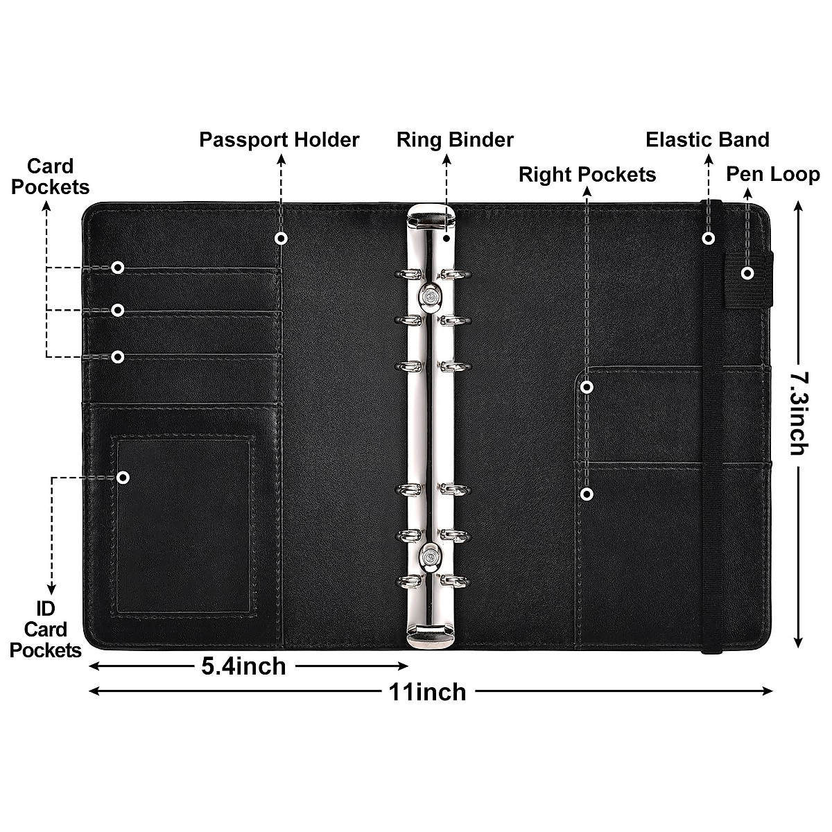 A6 Budget Binder with Cash Envelopes, PU Leather Refillable Notebook Binder, Loose Leaf Organizer Binder Cover, Money Organizer for Cash with Elastic Belt Closure (Black)