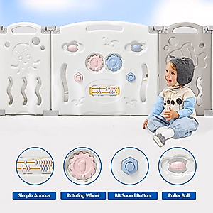 Albott Baby Playpen, Upgraded 18 Panels Foldable Baby Fence with Game Panel and Safety Gate, Adjustable Shape, Portable Baby Play Yards for Children Toddlers Indoors or Outdoors (Grey+White, 18 Panel)