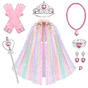 10 Pieces Princess Cape Set Dress up Clothes for Little Girls Party Cosplay Cloak with Jewelry Tiara Crown Wand Gloves