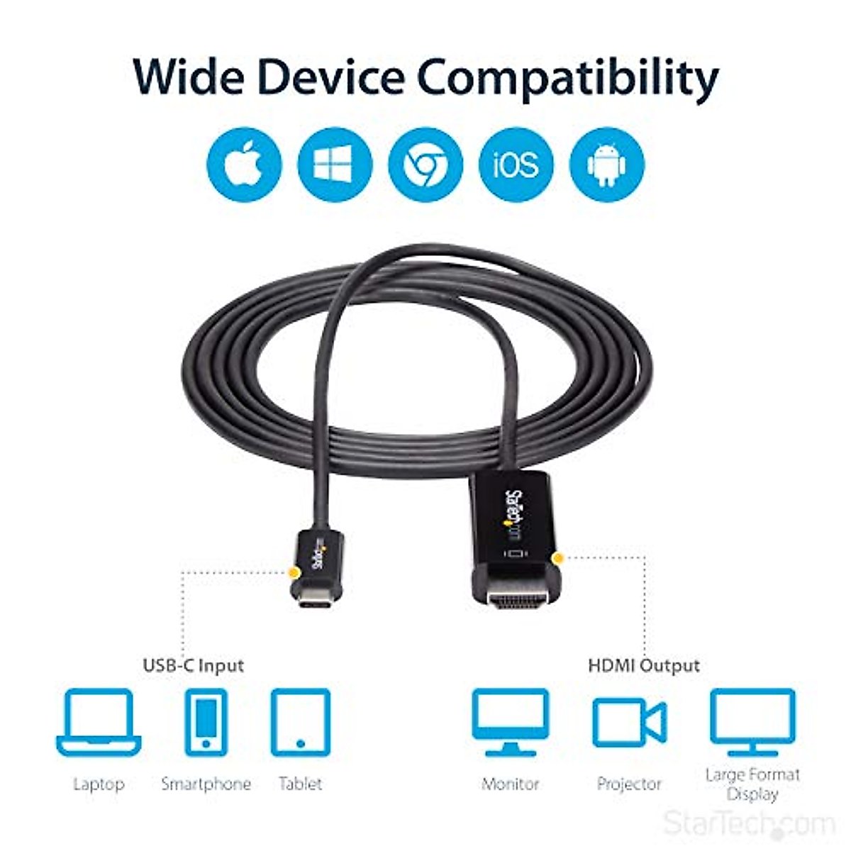 StarTech.com 6ft (2m) USB C to HDMI Cable - 4K 60Hz USB Type C to HDMI 2.0 Video Adapter Cable - Thunderbolt 3 Compatible - Laptop to HDMI Monitor/Display - DP 1.2 Alt Mode HBR2 - Black (CDP2HD2MBNL)