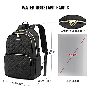 LOVEVOOK Laptop Backpack for Women, Quilted Laptop Bag Travel Backpack Purse With Anti-Theft Zipper, Stylish 15.6 Inch Work Computer Bags College School Bookbag with USB Charging Port, Black