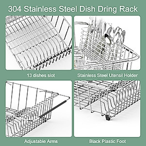 JAQ Dish Drying Rack in-Sink, 304 Stainless Steel Dish Drainer with Stainless Steel Silverware Holder Over Inside Sink-Adjustable 14.96" to 20.59" Maximium 13 Upright Dishes