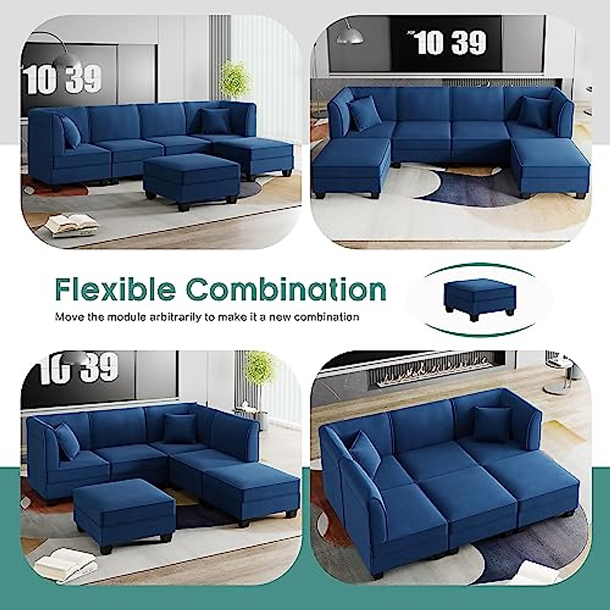 Shintenchi Reversible Modular Sectional Sofa Couch,116" Velvet U-Shaped Sectional Couch Sofa with Ottomans, 6 Pieces Modular Large Sectional Sofa Set for Living Room,Deep Blue