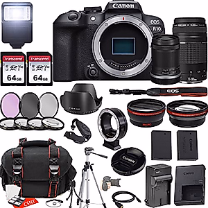 Canon EOS R10 Mirrorless Camera w/RF-S 18-150mm f/3.5-6.3 is STM Lens + EF 75-300mm f/4-5.6 III Lens + 2X 64GB Memory + Hood + Case + Filters + Tripod & More (35pc Bundle)