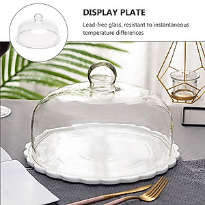 DOITOOL Ceramic Cake Plate with Glass Dome Glass Dessert Holder Clear Cupcake Stand Decorative Serving Tray Dish Rack for Fruit Dessert Cake White