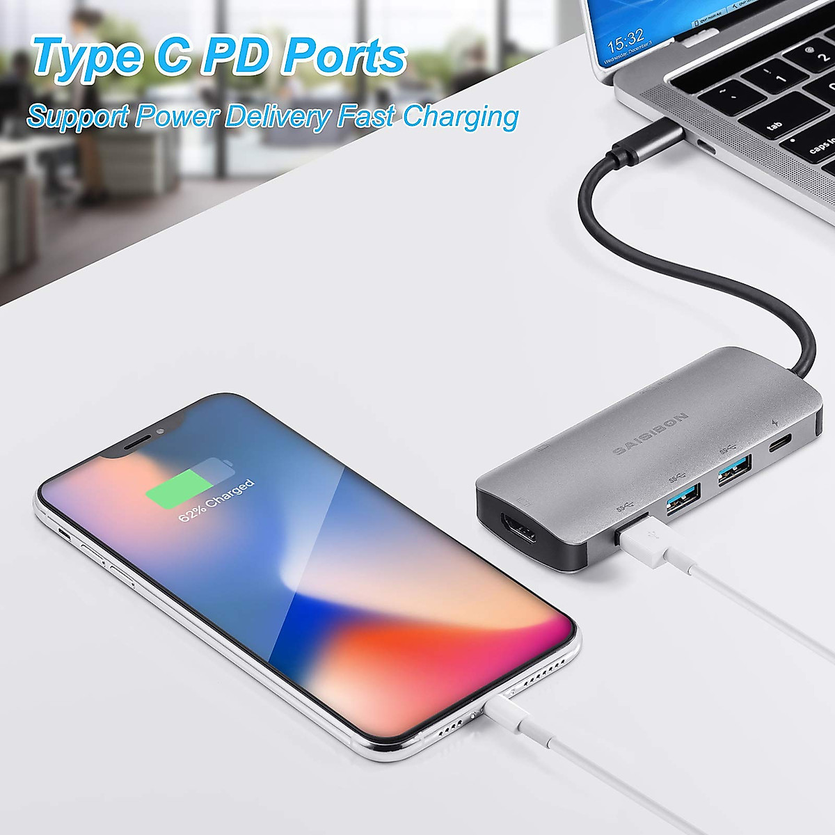 SAISIBON 8 in 1 Dual Monitor USB C Hub, Docking Station, 2 4K HDMI, 3 USB A 3.0 Ports, SD TF Card Reader, Support PD Fast Charging. Durable Aluminum Casing. Compatible with MacBook, Windows & More
