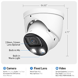 EmpireTech IPC-Color4K-T 4K Full-Color Ultra Low Light 8MP Smart AI Starlight Turret IP Camera 1/1.2" CMOS,Build-in Warm LED, Built-in Mic,SMD 3.0,PoE and ePoE,IPC-Color4K-T 2.8mm White