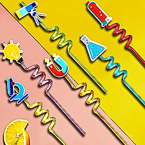 24pcs Science Theme Shaped Straws Reusable Plastic, Drink Cocktail Straws with Cartoon Decorations Kids Mad Scientist Party Supplies Birthday Party Favors