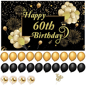 60th Birthday Decorations for Men Women, 60th Birthday Decorations, Happy 60th Birthday Banner, Black and Gold 60th Bday Backdrop