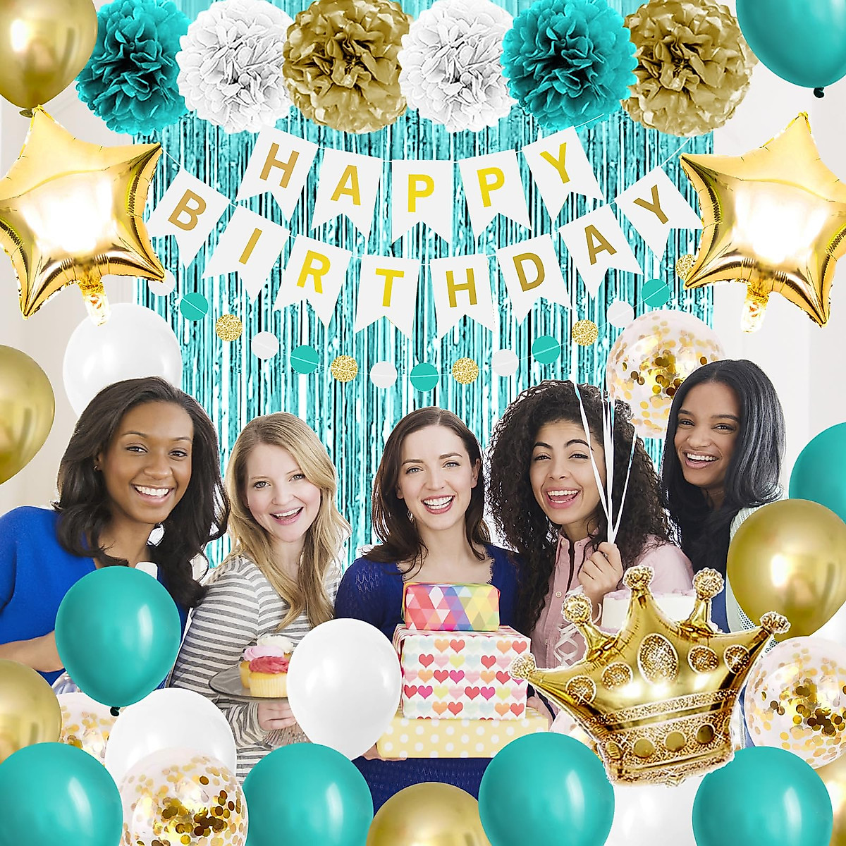 Iysoll Teal Blue and Gold Birthday Party Decorations Happy Birthday Banner Turquoise Aqua Teal Balloons Foil Fringe Curtain Tissue Pom Poms for Women Girls men boys