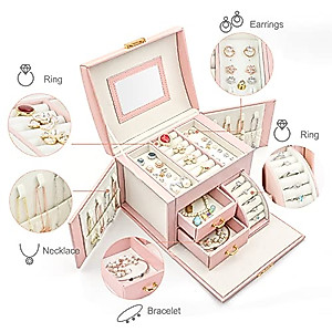 MUEUSS Jewelry Organizer Box for Girls Women Ideal Gift, Travel Portable Jewelry Case with Mirror and Lock For Necklace Earrings Rings Bracelets(Pink)
