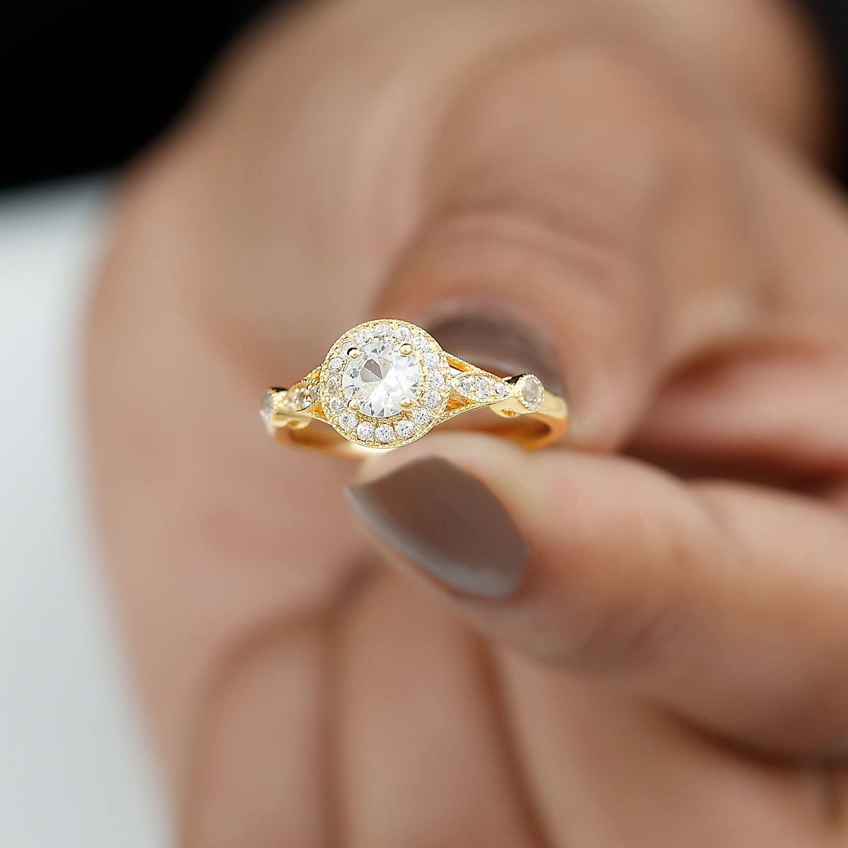 Rosec Jewels Certified White Sapphire Antique Engagement Ring with Milgrain Details | 1 CT | AAA Quality, 14K Yellow Gold, Size:US 7.00