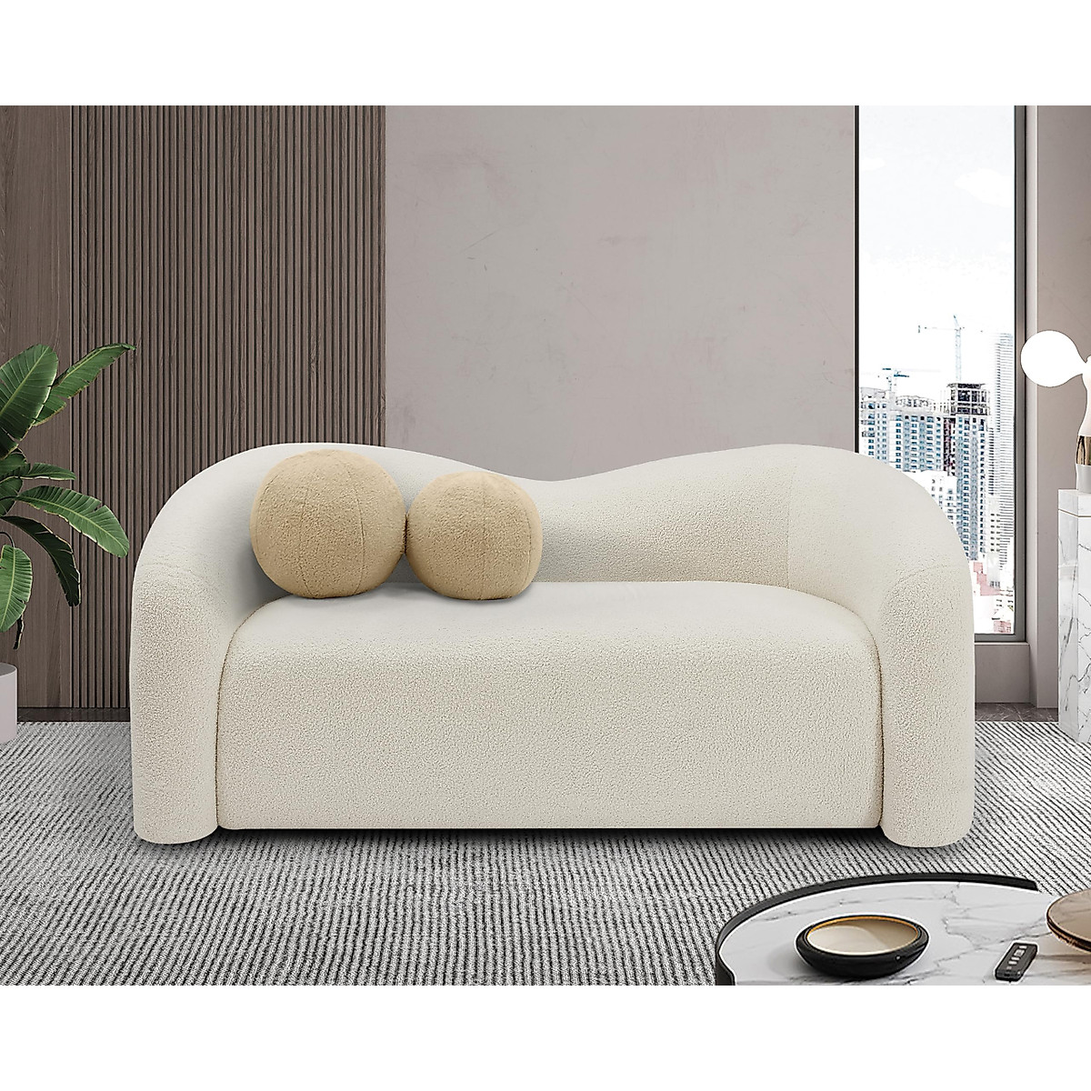 Meridian Furniture 186Cream-L Kali Collection Modern | Contemporary Loveseat with Soft Cream Faux Shearling Teddy Fabric, Curved Back, 62" W x 33" D x 27" H, Cream