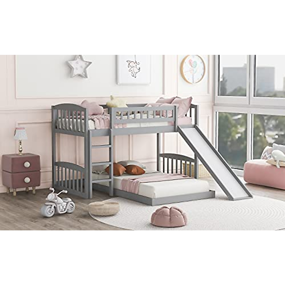 Tidyard Twin Over Twin Bunk Bed with Slide and Ladder, Wood Bed Gray for Bedroom Dorm Guest Room Home Furniture