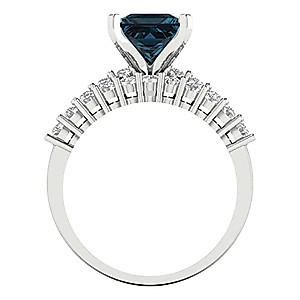 Clara Pucci 2.63ct Princess Cut Pave Solitaire with Accent Natural London Blue Topaz Statement Bridal Ring Band Set 14k White Gold 7.75