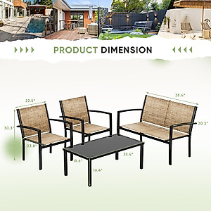 Tuoze 4 Pieces Outdoor Patio Furniture Conversation Glass Coffee Table Bistro Set with Loveseat Garden Yard Lawn and Balcony (Yellow)