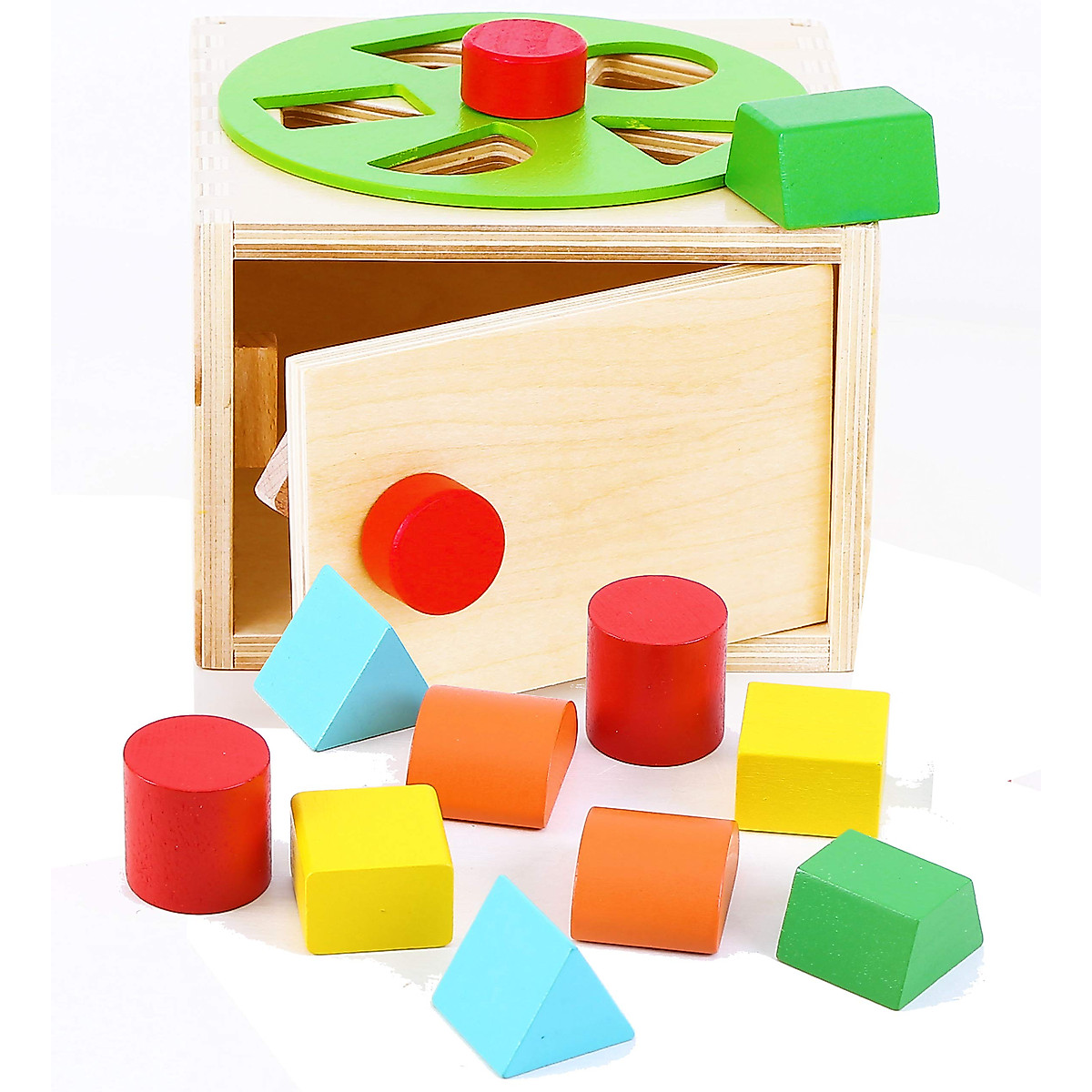 TOWO Wooden Shape Sorter - Sorting Box with Latch Lock - Rotating Wheel -Screw- and Shape Blocks- Sorting Cube Educational Toys for Kids Early Learning Montessori Materials