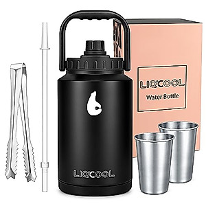 LiqCool 1 Gallon Water Jug, 128oz Insulated Water Bottle, Large Vacuum Gallon Stainless Steel Water Bottle With Handle, Wide Mouth Leak Proof Thermo Bottle for Outdoors Camping, Black