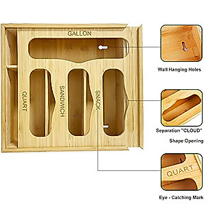 Bamboo Ziplock Bag Storage Organizer for Kitchen Drawer, Wooden Food Storage Bag Holders, Ziploc Baggie Organizer Dispenser, Compatible with Gallon, Quart, Sandwich & Snack Bags Variety Size Bag