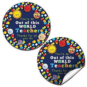 Out of This World Outer Space Themed Teacher Appreciation Thank You Sticker Labels, 40 2" Party Circle Stickers by AmandaCreation, Great for Envelope Seals & Gift Bags