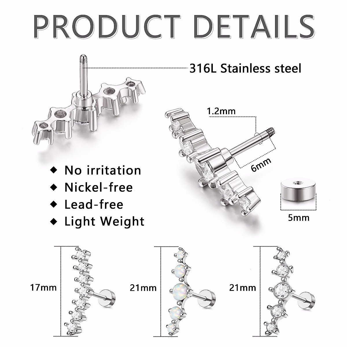 FIBO STEEL 3 Pcs 16G Stainless Steel Cartilage CZ Stud Earrings for Women Helix Conch Daith Piercing Jewelry Set