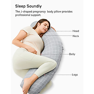 Momcozy Pregnancy Pillows with Cooling Cover, J Shaped Maternity Body Pillow for Pregnancy, Pregnancy Must Haves, Side Sleeper Pillow for Belly Hip Legs Support