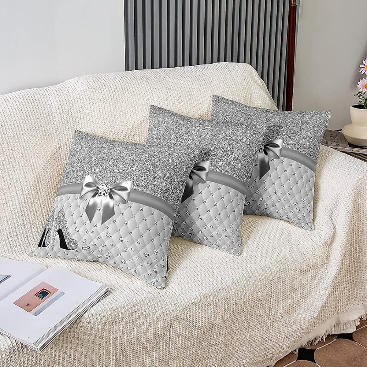 Glitter Diamond Reversible Throw Pillow Covers Pastel Grey Square Cushion Covers Set of 1 for Kids High Heels Pillow Covers Home Decor Dreamy 18 x 18-Inch