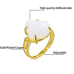 HMOOY Buddha Ring, 18k Gold Plated Lucky Laughing Buddha Ring Adjustable White/Green Jade Buddha Open Ring Lucky Amulet Jewelry for Women Men (White)