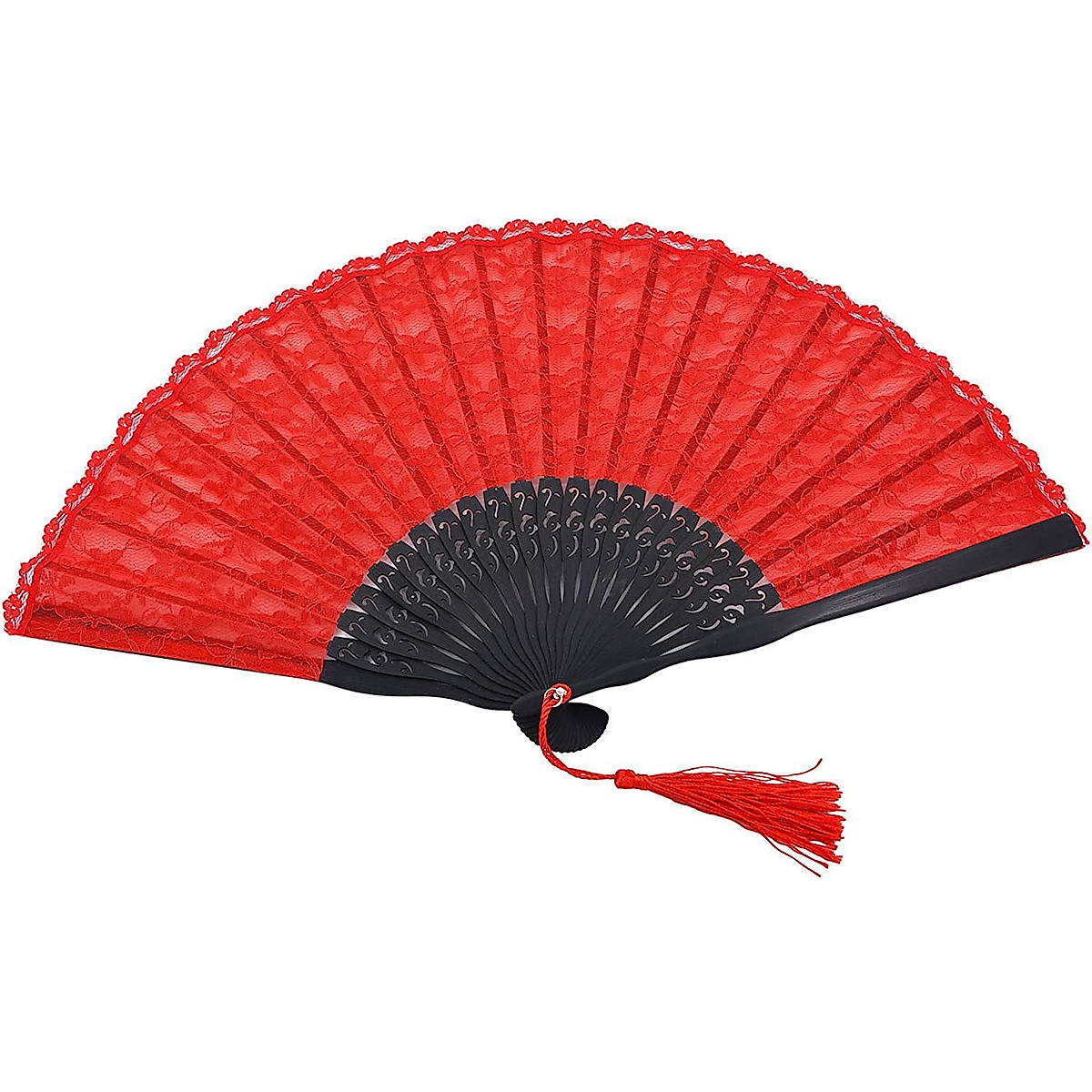 Womens Multi Color Handmade Cotton Lace Folding Hand Fan (Black-A) (Red)