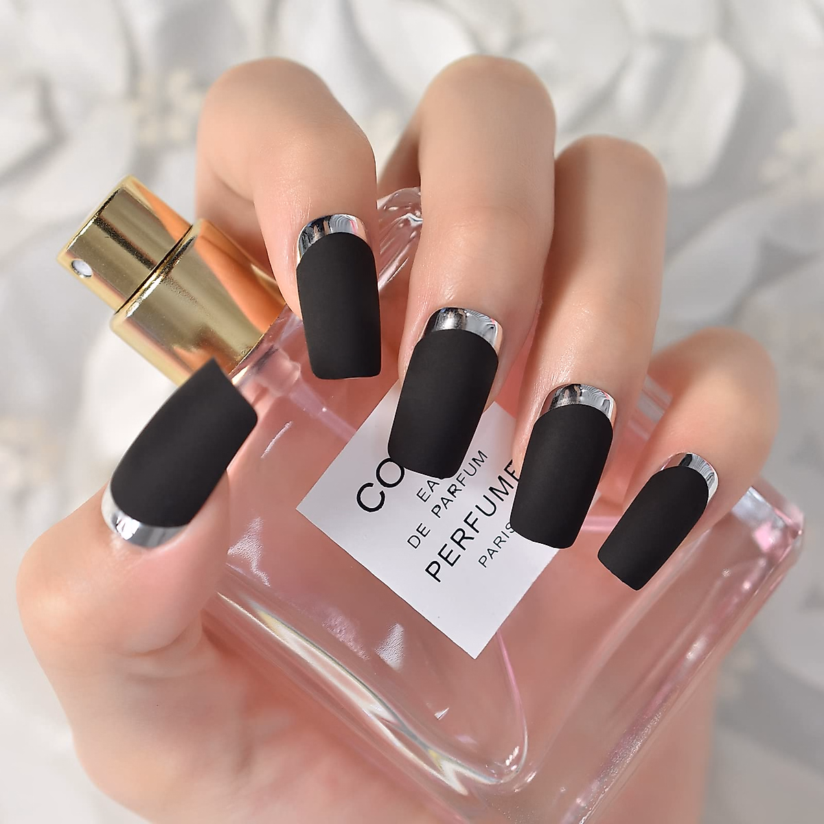 ELEVENAIL Matte Black Silver Metallic French Press on False Nails Medium Length Square Salon DIY Manicure Reusable Fake Acrylic Christmas Nail Art Tips with Jelly Adhesive Tabs Nail File