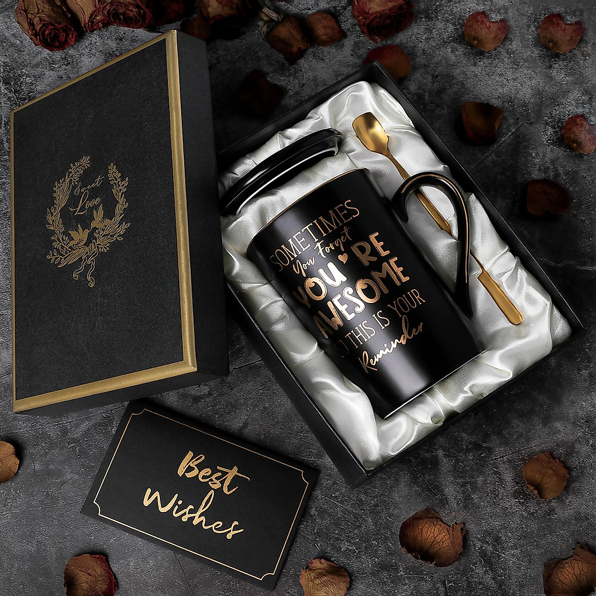 Christmas Birthday Thank You Gifts for Men, Sometimes You Forget You're Awesome - 14oz Unique Black Ceramic Inspirational Mug with Gold Print, Present for Boyfriend Husband Employee, Nice Gift Boxed