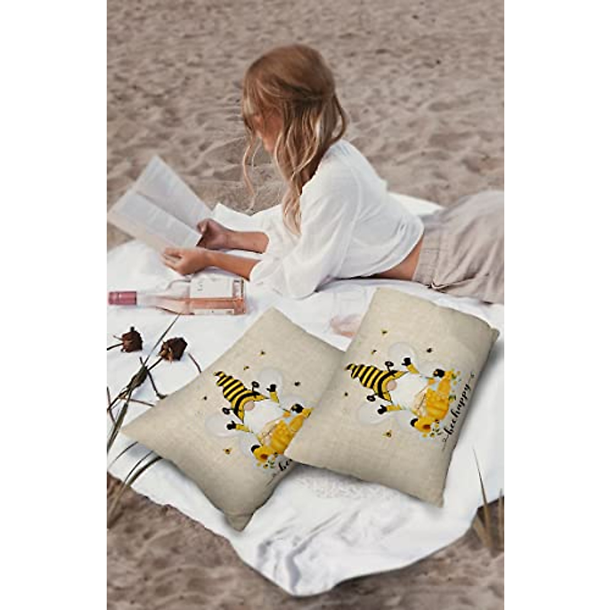 Yellow Honey Summer Bee Dwarf Spring Flower Outdoor Pillow Cover 12x20 Inch Cushion Sham Case, Waterproof Decorative Lumbar Throw Pillowcase for Outside Garden Patio Porch Couch Chair Tent