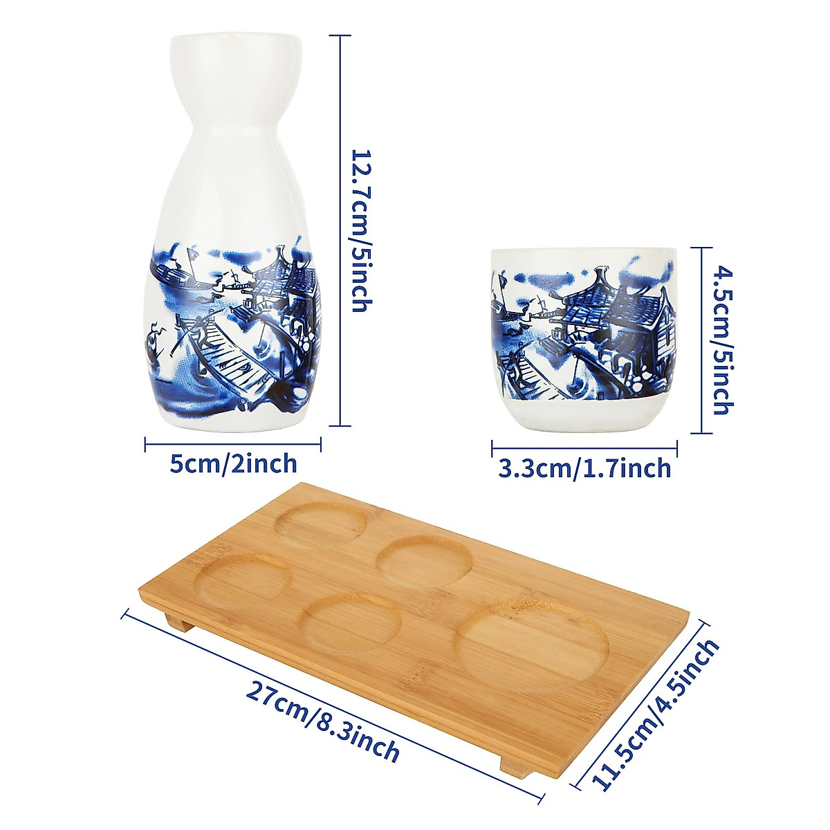 ABuff Japanese Sake Set, 1 Tokkuri Bottle & 4 Ochoko Cups with a Wooden Tray, Ceramic Sake Set Microwave and Dishwasher Safe