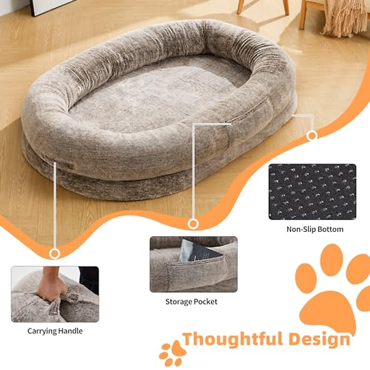 Human Size Dog Bed - 71''x47''x12.5'', Washable Faux Fur, Orthopedic, Plump Pillow, Blanket, Brown