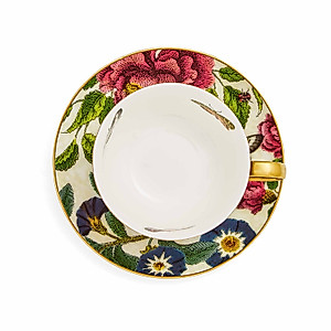 Spode Creatures of Curiosity Collection Coupe Teacup and Saucer Set, Black Floral Mug and White Floral Saucer, Gold Rim, 6.7 oz, Made of Fine China, Specialty Coffee Drinks, Lattes, and Tea
