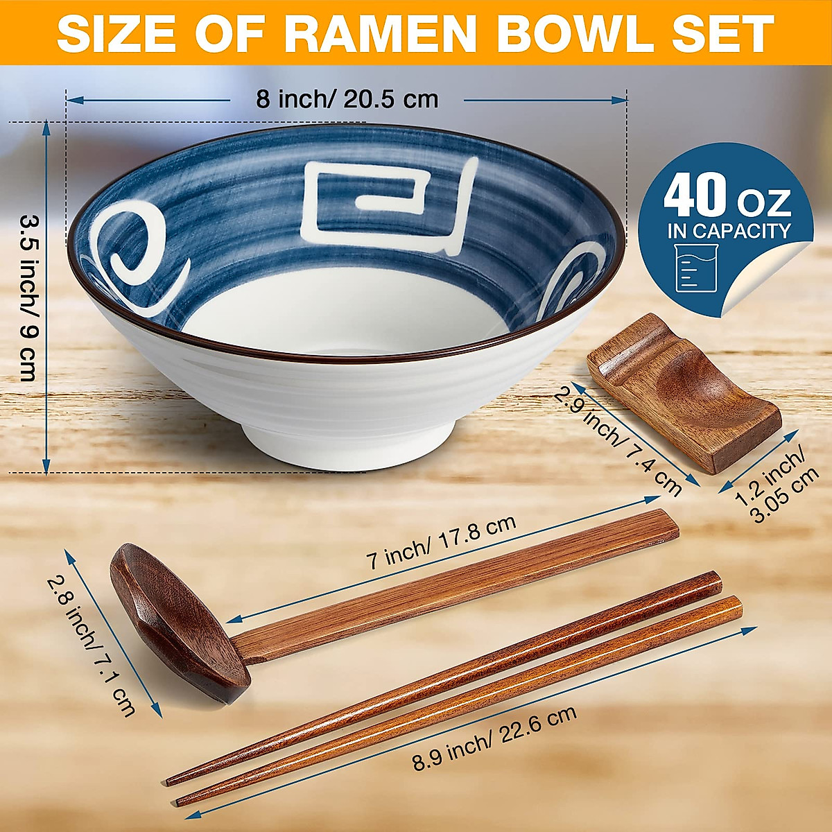 Geiserailie Ceramic Ramen Bowl, 40 oz Japanese Large Noodle Bowls with Spoons, Chopsticks and Chopsticks Stand for Udon, Soba, Pho, Noodles, Ramen, Salad and Soup, Set of 4 (Retro Style)