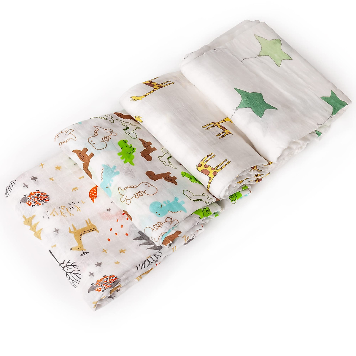 upsimples Baby Swaddle Blanket Unisex Swaddle Wrap Soft Silky Bamboo Muslin Swaddle Blankets Neutral Receiving Blanket for Boys and Girls, 47 x 47 inches, Set of 4 - Fox/Elephant/Giraffe/Dinosaur