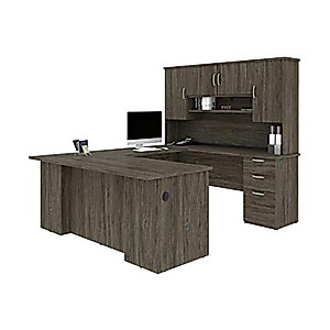 Bestar Murzim U or L-Shaped Executive Desk with Hutch, 71W, Walnut Grey