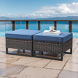 HUMMUH Outdoor Ottomans for Patio Set of 2 PE Wicker Outdoor Footstool with Removable Weather-Resistant Cushions for Patio, Backyard
