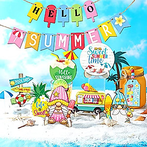 21 Pcs Summer Hawaii Tiered Tray Decor Sign Pool Summer Farmhouse Decor Rustic Beachy Decor Wooden Summer Home Decorations Including Gnome Beaded Garland for Home Kitchen Shelf Table (Hawaii Style)