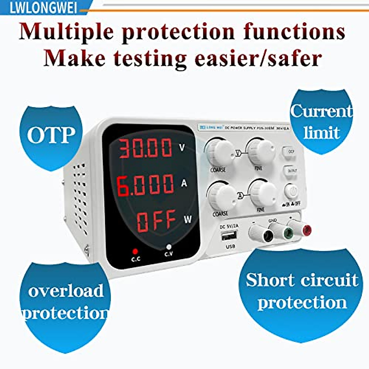 DC Power Supply Variable,30V 6A 180W Adjustable Switching Regulated DC Bench Power Supply with 4-Digits LED Power Display 5V/2A USB Output, Coarse and Fine Adjustments White