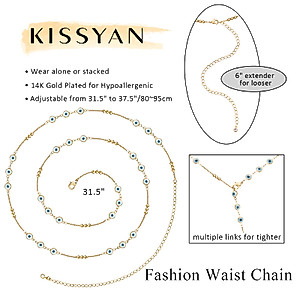 KissYan Bikini Body Chains for Women, 14K Gold Adjustable Sexy Waist Chain Summer Beach Colorful Cuban Link Pearl Evil Eyes Belly Chain Handmade Jewelry(Gold-evil eye)