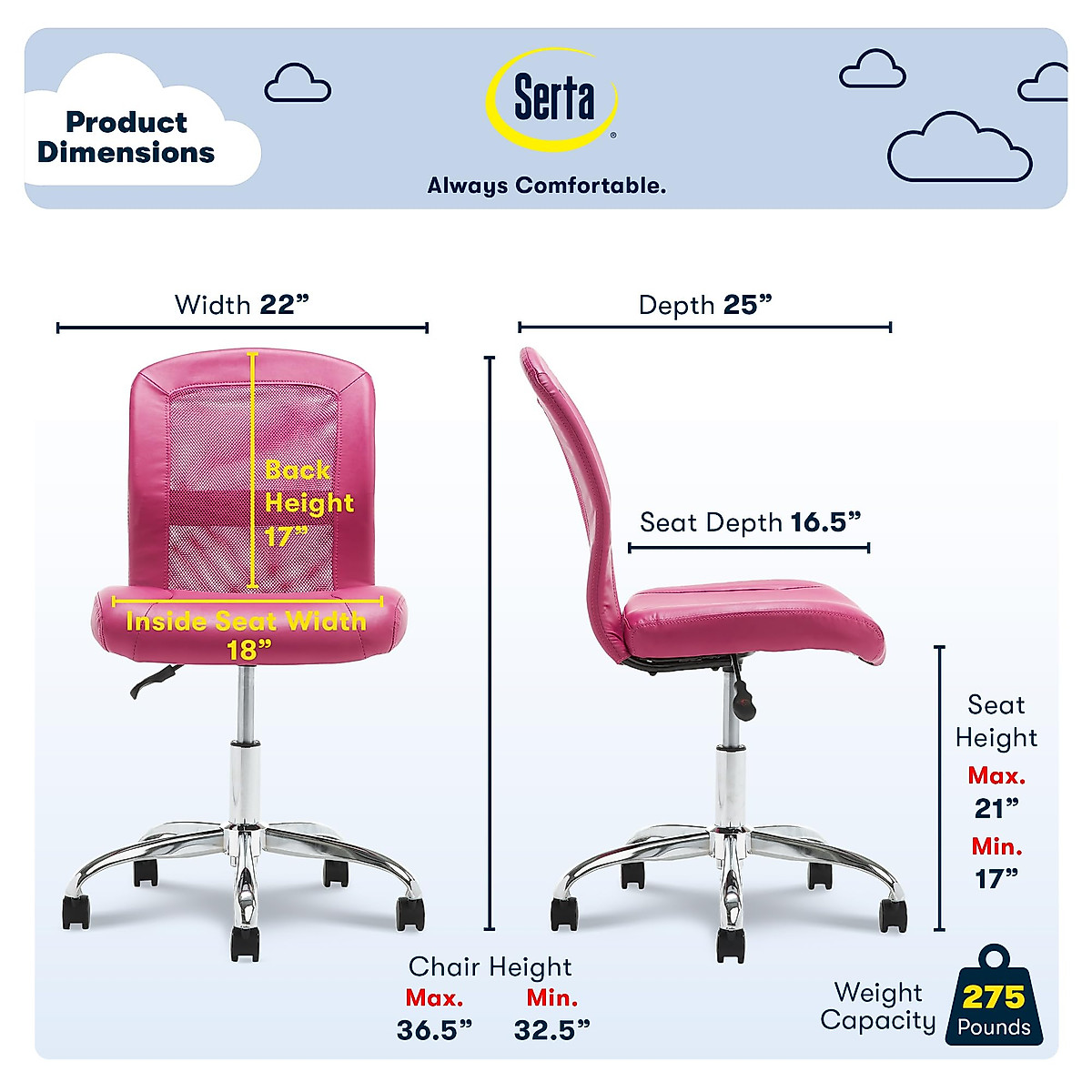 Serta Essential Armless Desk Chair Small TaskChair with Wheels, Breathable Mesh Back, SertaQuality Foam Cushion Seat for Comfort, Functional, Lightweight and Versatile, Task, Pink