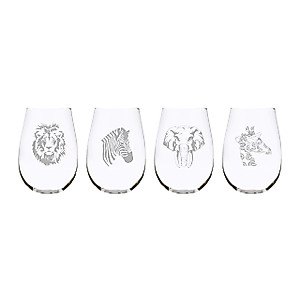 C M Giraffe, lion, elephant, and zebra stemless wine glass (set of 4)