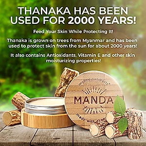MANDA - Reef Safe Sunscreen - Made of Thanaka, Non-Nano Zinc Oxide & Organic Ingredients - SPF 50 - Travel Size, Waterproof Sunscreen Paste - Applies Thick - 40g